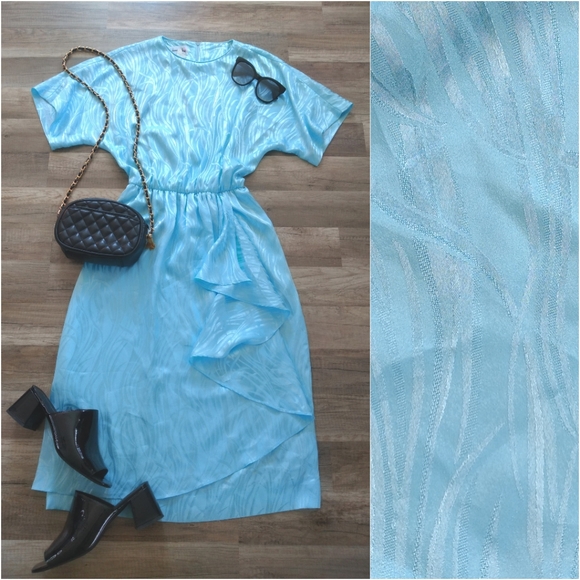 Vintage Dresses Vintage Dress Medium 8s Does 40s Dolman Flutter Sleeve Shimmery Light Blue